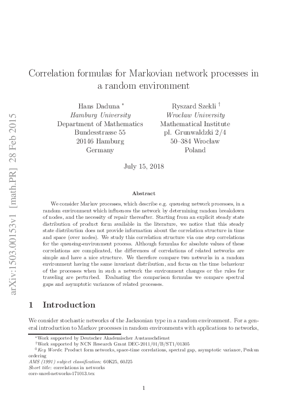 Pdf Correlation Formulas For Markovian Network Processes In A Random Environment
