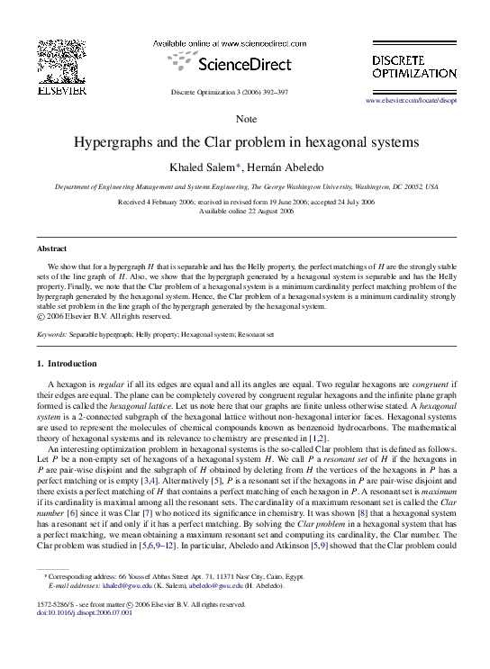(PDF) Hypergraphs and the Clar problem in hexagonal systems | Khaled Salem - Academia.edu