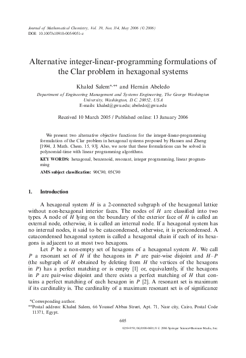 (PDF) Alternative Integer-Linear-Programming Formulations of the Clar ...