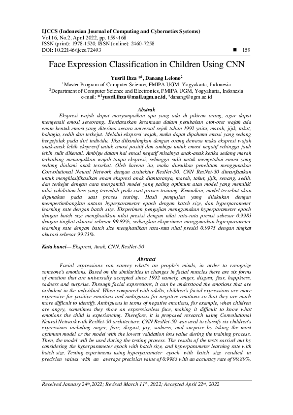 (PDF) Face Expression Classification in Children Using CNN