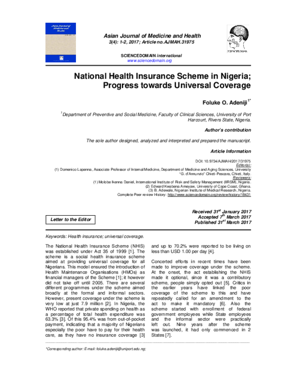 (PDF) National Health Insurance Scheme in Nigeria; Progress towards ...