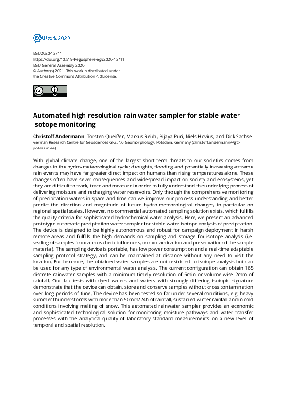 (PDF) Automated high resolution rain water sampler for stable water ...