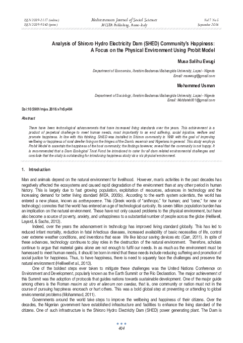 (PDF) Analysis of Shiroro Hydro Electricity Dam (SHED) Community’s ...