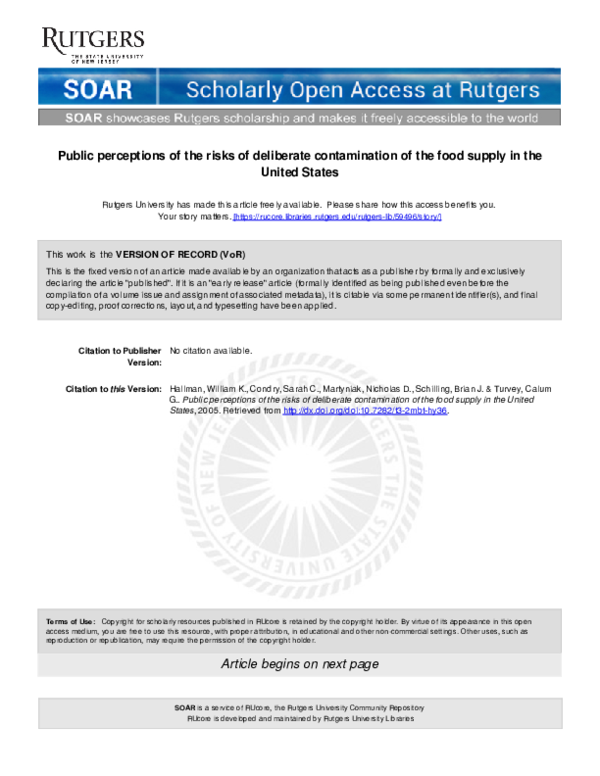 (PDF) Public perceptions of the risks of deliberate contamination of ...