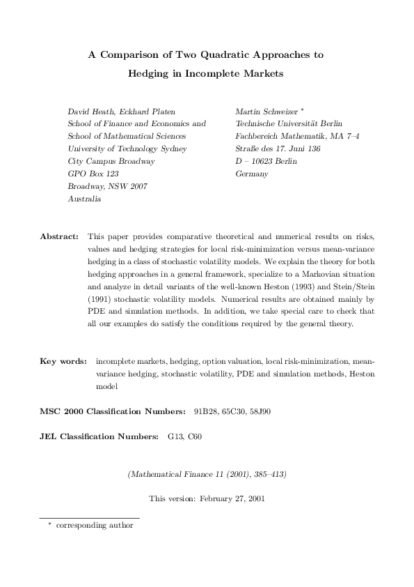(PDF) A Comparison of Two Quadratic Approaches to Hedging in Incomplete Markets