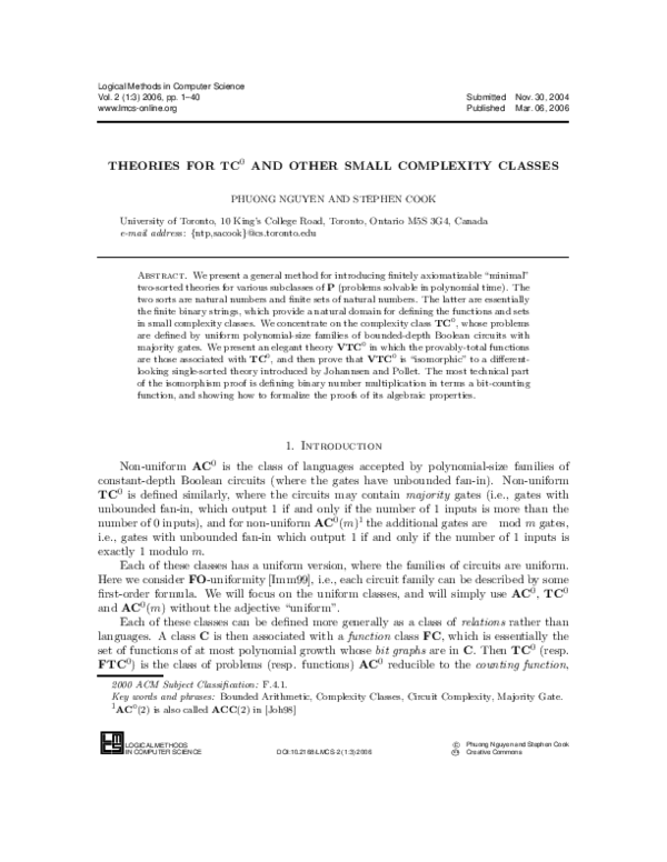 (PDF) Theories for TC0 and Other Small Complexity Classes