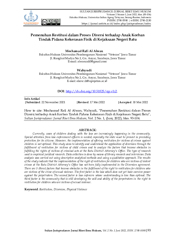 (PDF) Pemenuhan Restitusi dalam Proses Diversi Terhadap Anak Korban Tindak Pidana Kekerasan Fisik