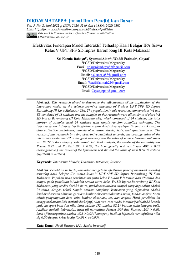 (PDF) Efektivitas Penerapan Model Interaktif Terhadap Hasil Belajar IPA Siswa Kelas V UPT SPF SD ...