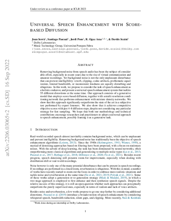(PDF) Universal Speech Enhancement with Score-based Diffusion