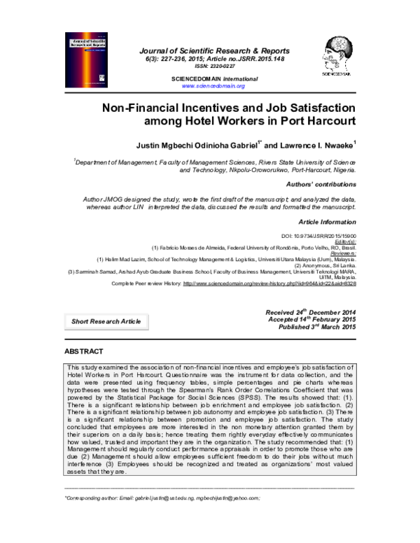 (PDF) Non-Financial Incentives and Job Satisfaction among Hotel Workers in Port Harcourt