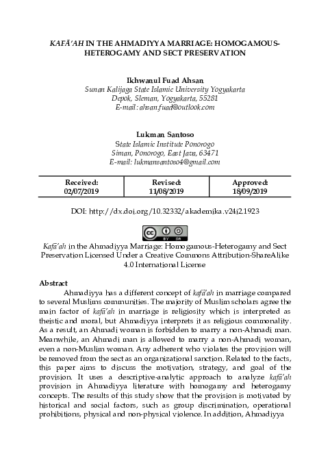 (PDF) Kafā’Ah in the Ahmadiyya Marriage: Homogamous- Heterogamy and ...