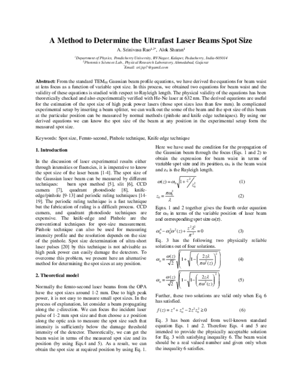 (PDF) A Method to Determine the Ultrafast Laser Beams Spot Size