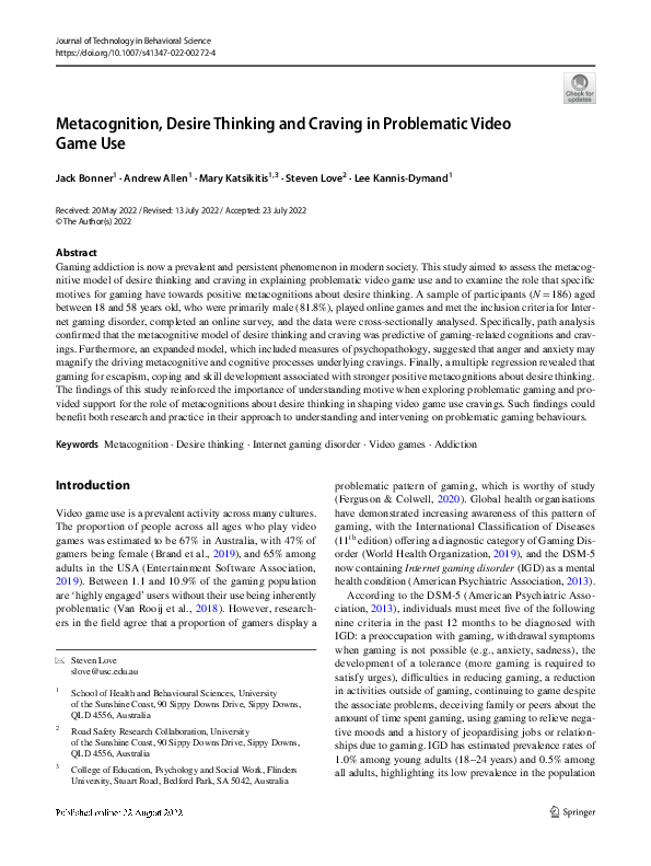 (PDF) Metacognition, Desire Thinking and Craving in Problematic Video Game Use