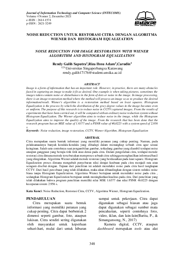 Pdf Noise Reduction Untuk Restorasi Citra Dengan Algoritma Wiener Dan