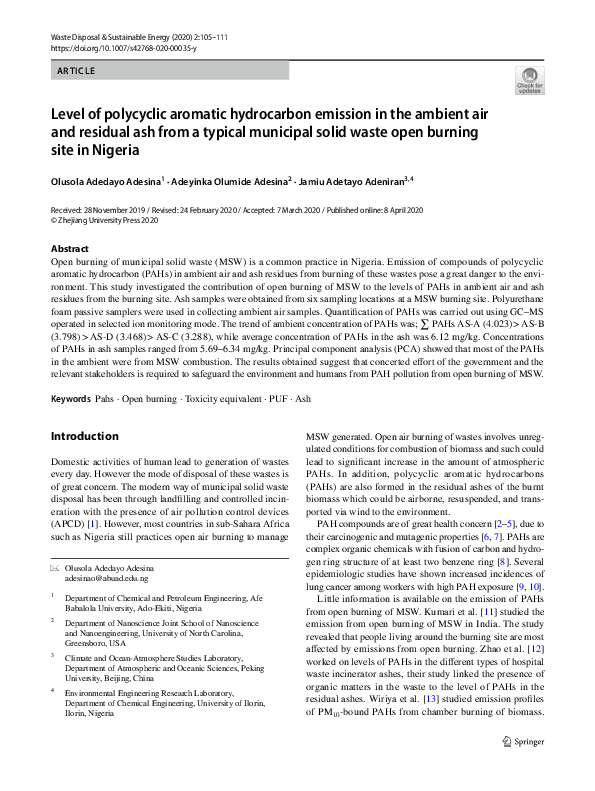 (PDF) Level of polycyclic aromatic hydrocarbon emission in the ambient air and residual ash from ...