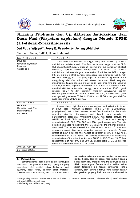 (PDF) Skrining Fitokimia dan Uji Aktivitas Antioksidan dari Daun Nasi (Phrynium capitatum ...