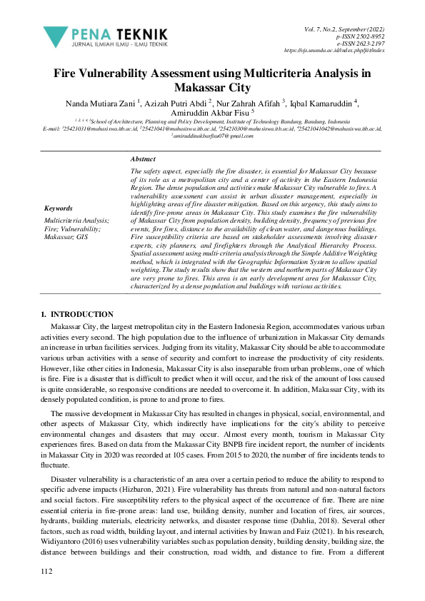 (PDF) Fire Vulnerability Assessment using Multicriteria Analysis in Makassar City