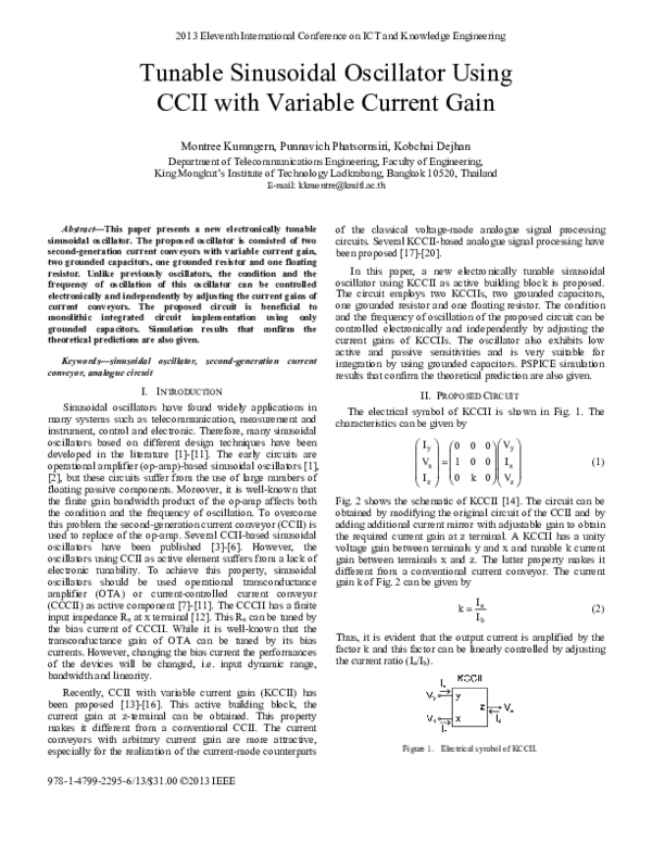 (PDF) Tunable sinusoidal oscillator using CCII with variable current gain