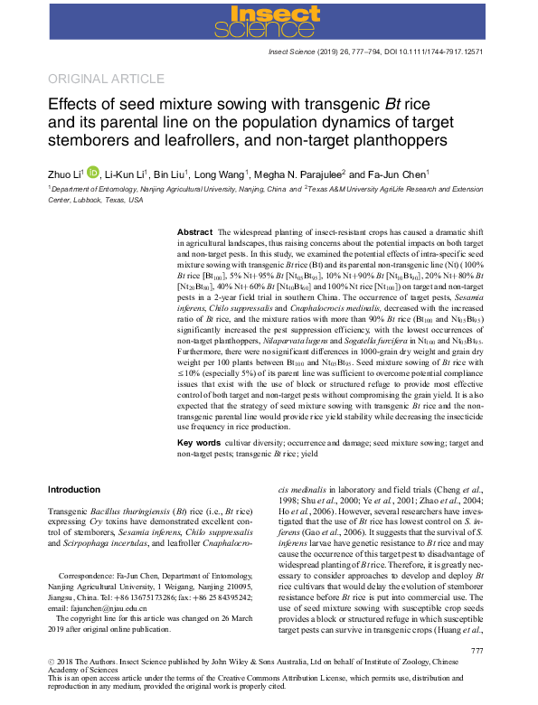 (PDF) Effects of seed mixture sowing with transgenic Bt rice and its ...