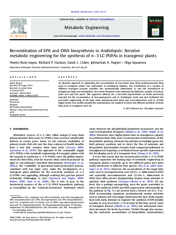 (PDF) Reconstitution of EPA and DHA biosynthesis in Arabidopsis ...
