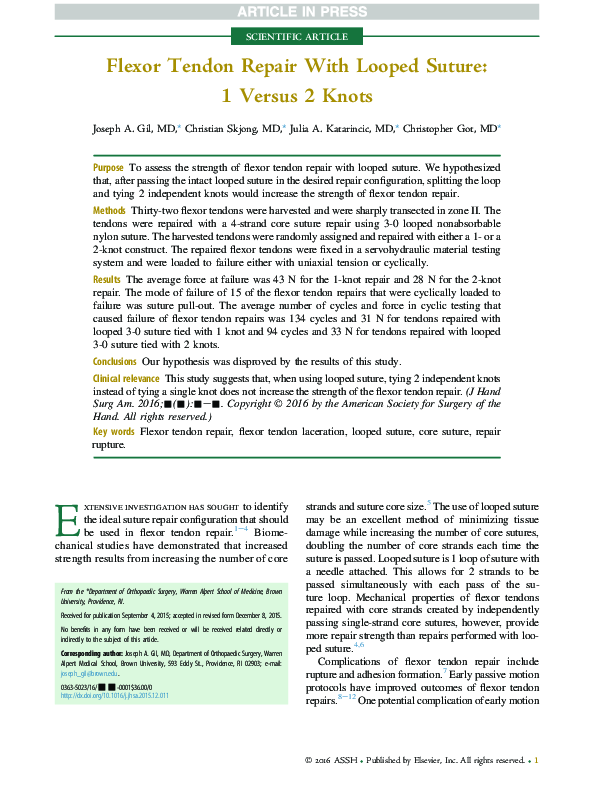 (PDF) Flexor Tendon Repair With Looped Suture: 1 Versus 2 Knots