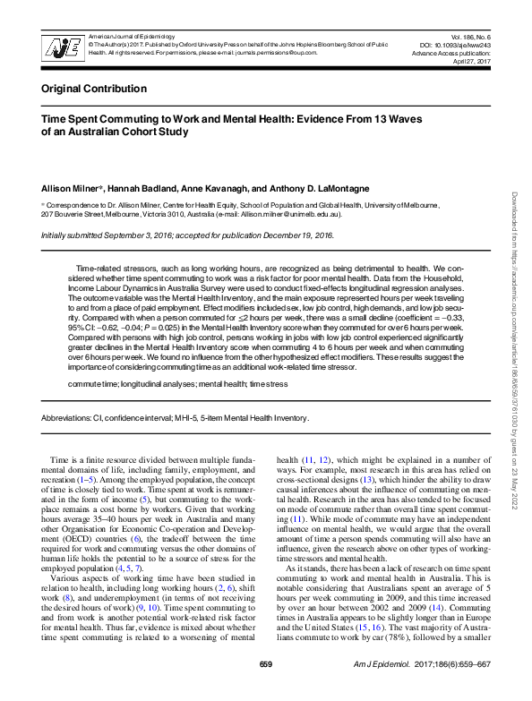 (PDF) Time Spent Commuting to Work and Mental Health: Evidence From 13 ...