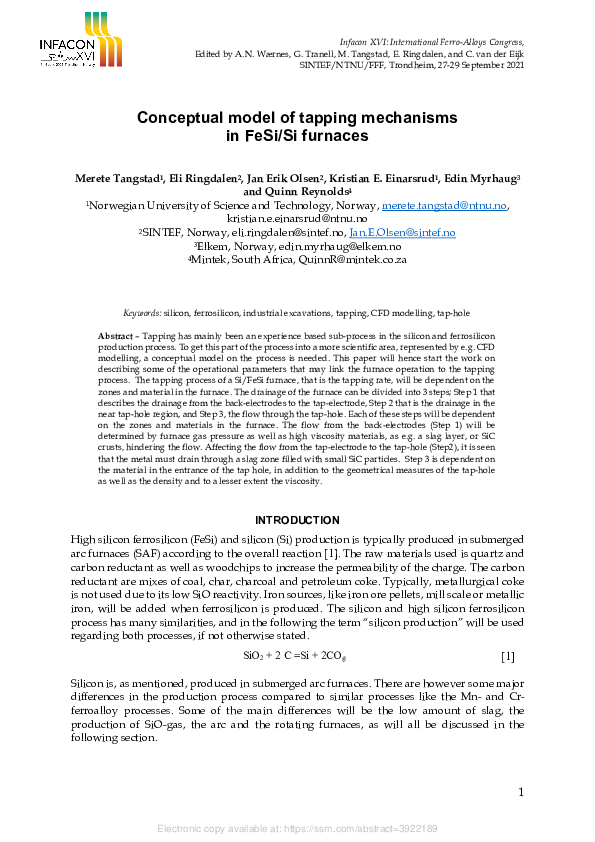 (PDF) Conceptual Model Of Tapping Mechanisms In FeSi/Si Furnaces