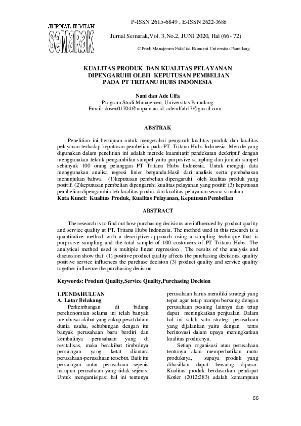 (PDF) Kualitas Produk Dan Kualitas Pelayanan Dipengaruhi Oleh Keputusan ...