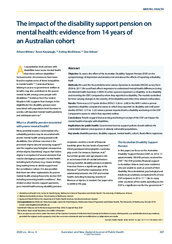 (PDF) The impact of the disability support pension on mental health ...
