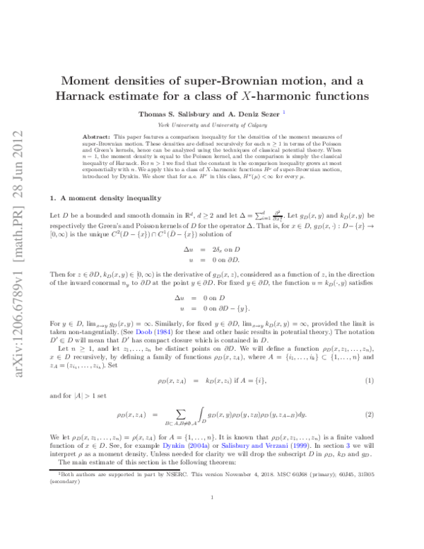 (PDF) Moment Densities of Super Brownian Motion, and a Harnack Estimate for a Class of X ...