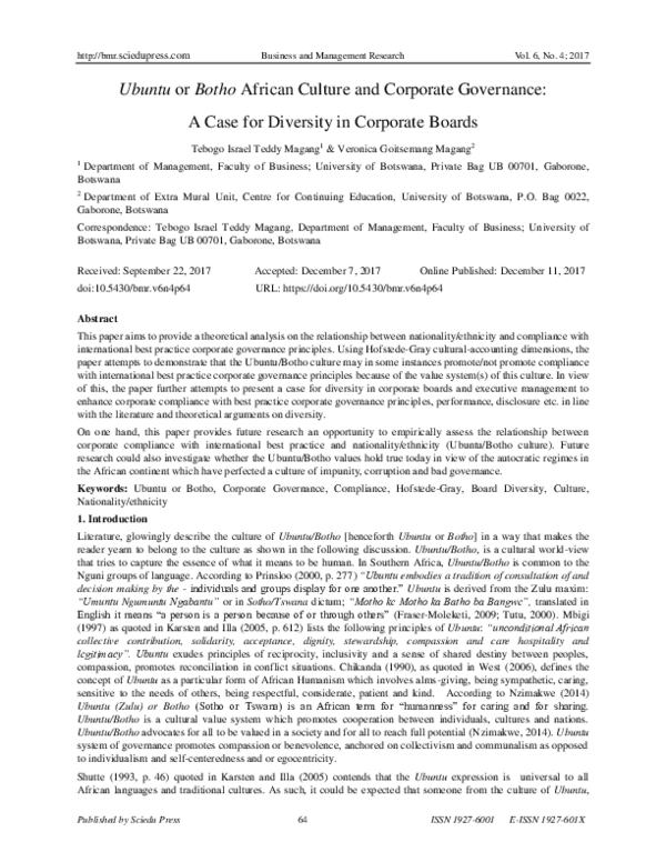 (PDF) Ubuntu or Botho African Culture and Corporate Governance; A Case ...