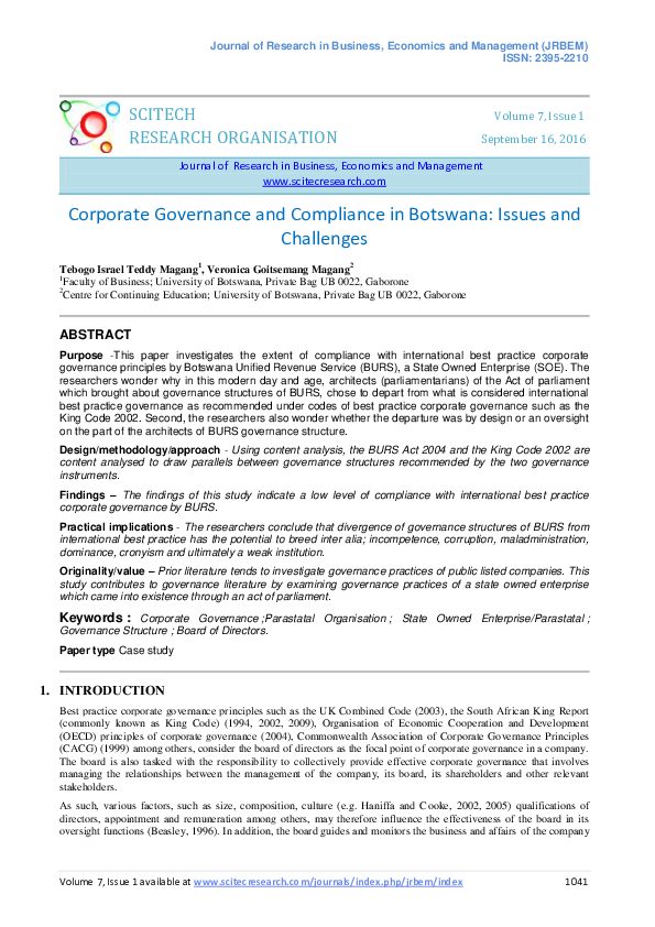 (PDF) Corporate Governance and Compliance in Botswana: Issues and ...