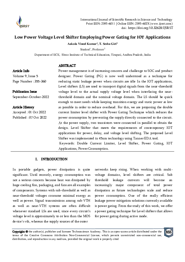 (PDF) Low Power Voltage Level Shifter Employing Power Gating for IOT ...