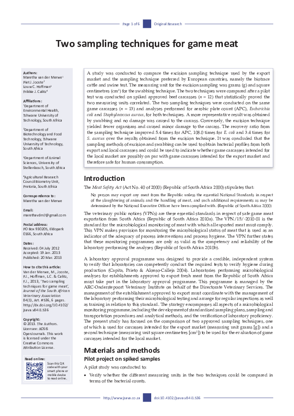 (PDF) Two sampling techniques for game meat | Louw Hoffman - Academia.edu
