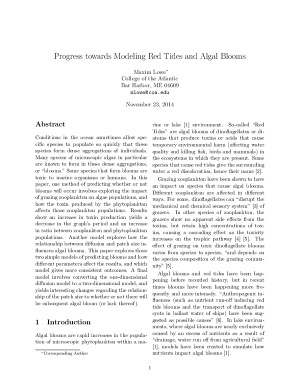 (PDF) Progress towards Modeling Red Tides and Algal Blooms