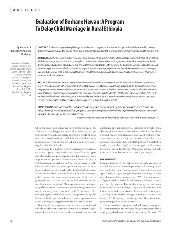 (PDF) Evaluation of Berhane Hewan: A Program to Delay Child Marriage in Rural Ethiopia