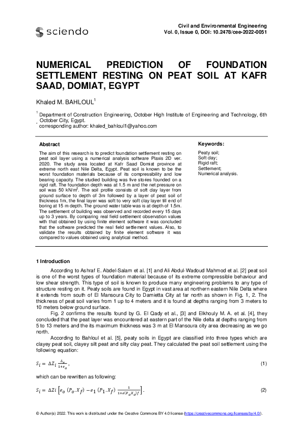 (PDF) Numerical Prediction of Foundation Settlement Resting on Peat Soil at Kafr Saad, Domiat, Egypt