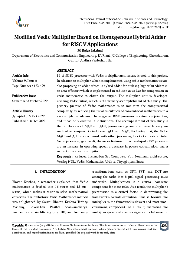 Pdf Modified Vedic Multiplier Based On Homogenous Hybrid Adder For Risc V Applications 9481