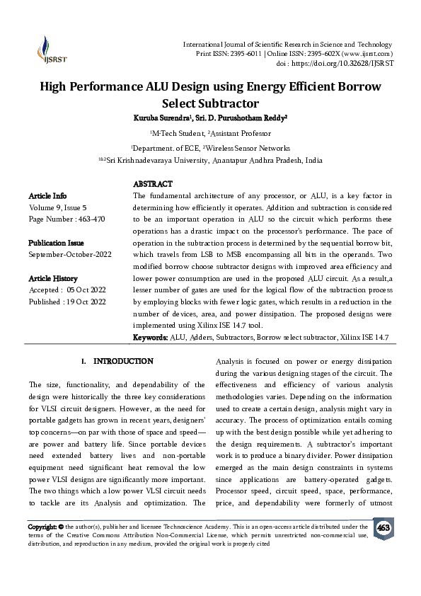 Pdf High Performance Alu Design Using Energy Efficient Borrow Select Subtractor