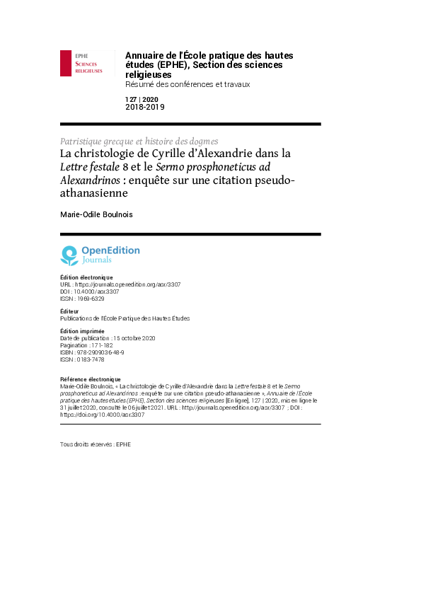 (PDF) La christologie de Cyrille d’Alexandrie dans la Lettre festale 8 ...