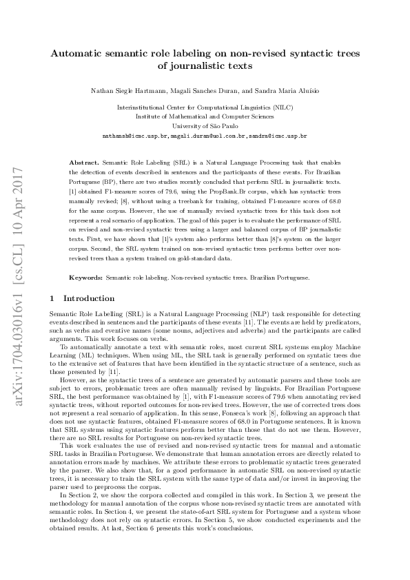 Pdf Automatic Semantic Role Labeling On Non Revised Syntactic Trees