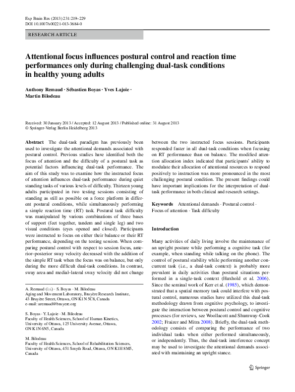 Pdf Attentional Focus Influences Postural Control And Reaction Time Performances Only During