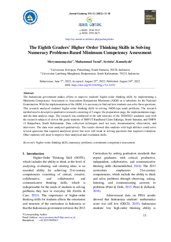 (PDF) The Eighth Graders' Higher Order Thinking Skills in Solving Numeracy Problems-Based ...