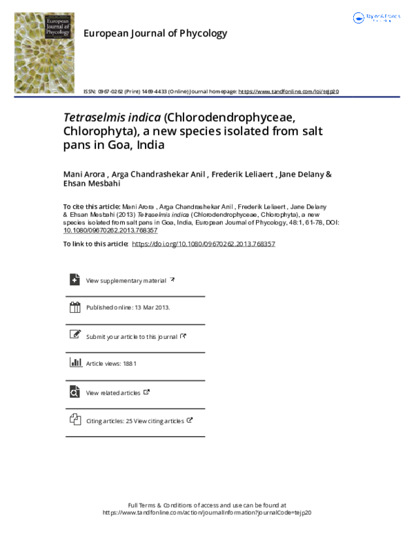 (PDF) Tetraselmis indica (Chlorodendrophyceae, Chlorophyta), a new ...
