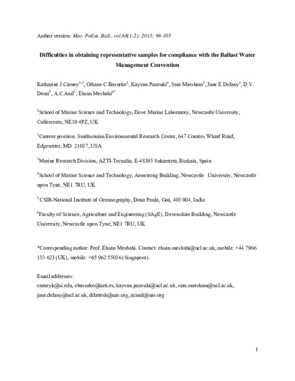 (PDF) Difficulties in obtaining representative samples for compliance with the Ballast Water ...