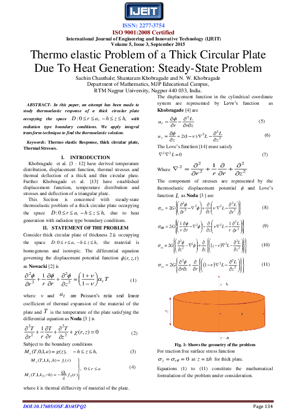 (PDF) Thermo elastic Problem of a Thick Circular Plate Due To Heat ...