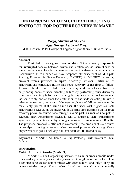 Pdf Enhancement Of Multipath Routing Protocol For Route Recovery In Manet Ajay Dureja