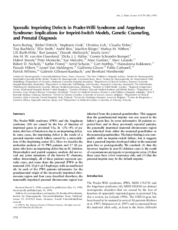 (PDF) Sporadic Imprinting Defects in Prader-Willi Syndrome and Angelman ...
