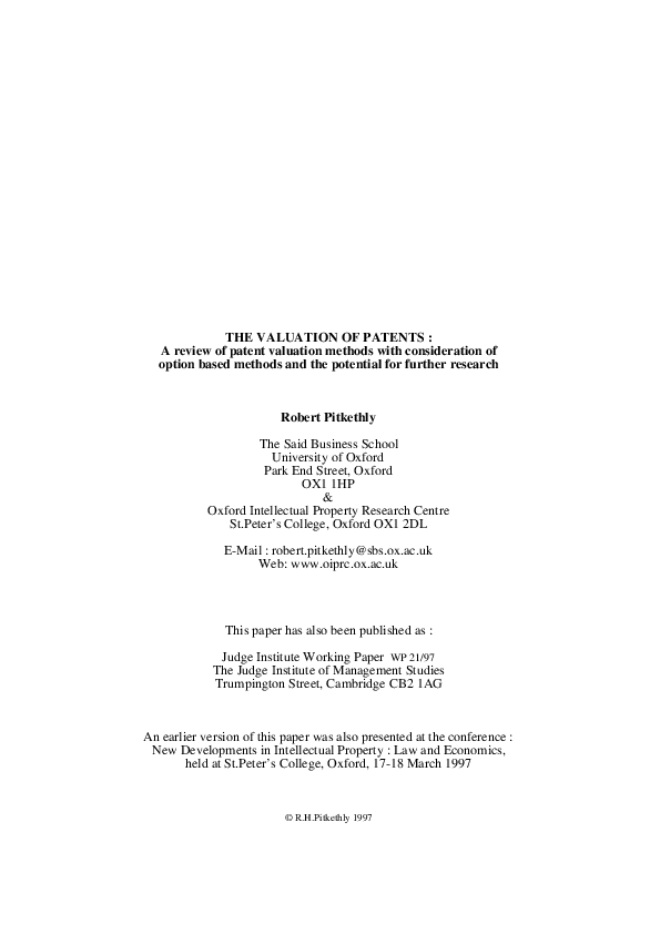 (PDF) The Valuation of Patents: A review of patent valuation methods with consideration of ...