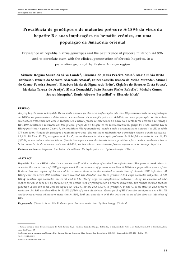 (PDF) Prevalência de genótipos e de mutantes pré-core A-1896 do vírus ...